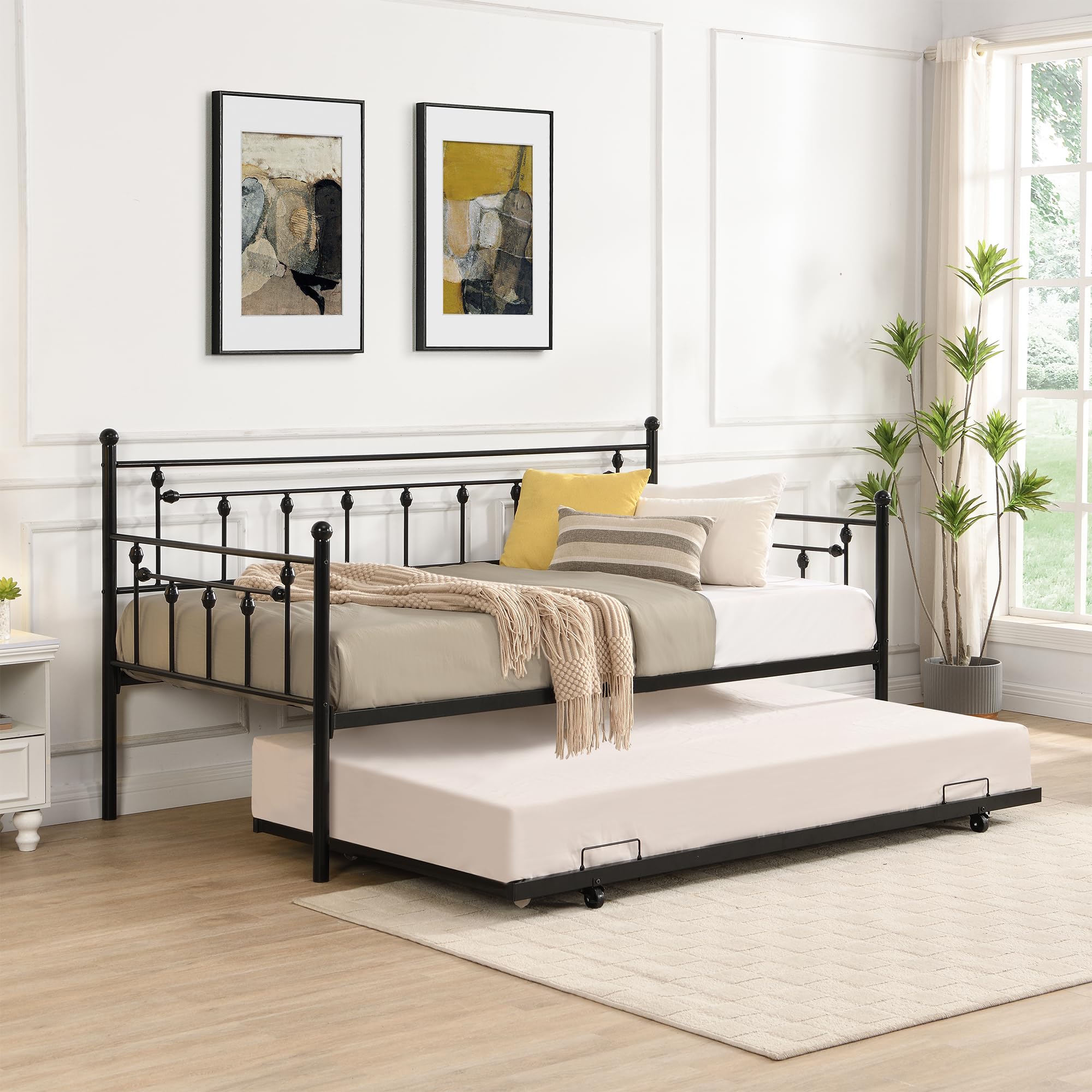 Haplized Twin Size Metal Daybed with Pull Out Trundle, Modern 2 in 1 Sofa Bed Frame for Kids Teens Adults,Single Daybed Sofa Bed Frame for Bedroom Living Room Guest Room,No Box Spring Needed