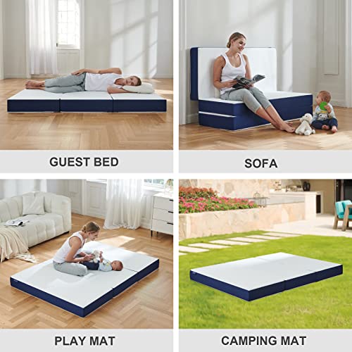 Molblly Tri Folding Mattress, 3 inch Memory Foam Mattress Topper with Breathable & Washable Cover for Guest Bed, Camping, Queen Size - 58"x 78"x 3"