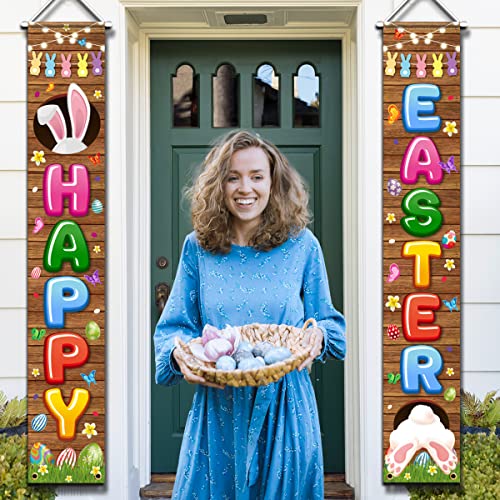Easter Party Supplies-Happy Easter Porch Sign Banner,2PCS Hello Peeps Front Door Welcome Banner for Spring Theme Easter Bunny Door Decoration (Porch)