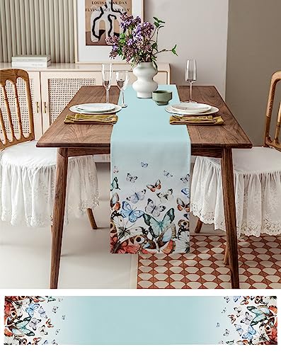 Teal Ombre Table Runner 72 Inches Long Farmhouse Dress Scarves, Red Blue Butterfly Modern Abstract Art Dining Tablerunner for Coffee Table/Kitchen Island/Party Décor, 18" x 72"