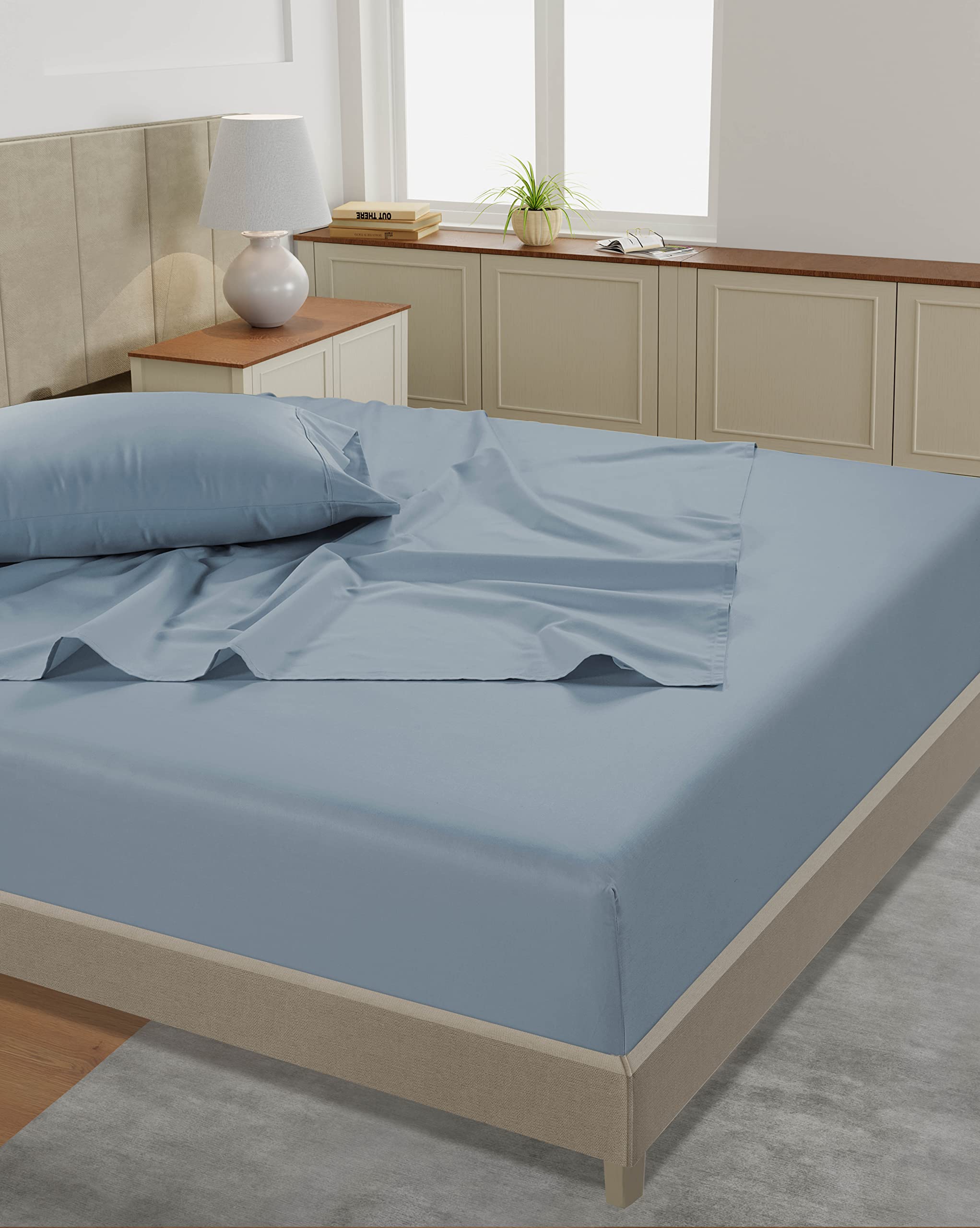 LANE LINEN 450TC 100% Cotton Sheets Twin Size, Mercerized Cotton Fully Elasticized Sateen Weave Twin Sheet Set, Soft and Comfy Hotel Like Thick Sheet, Natural Cooling Bed Sheet - French Blue