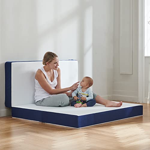 Molblly Tri Folding Mattress, 3 inch Memory Foam Mattress Topper with Breathable & Washable Cover for Guest Bed, Camping, Queen Size - 58"x 78"x 3"