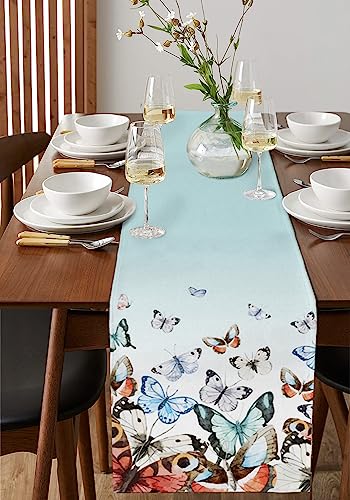 Teal Ombre Table Runner 72 Inches Long Farmhouse Dress Scarves, Red Blue Butterfly Modern Abstract Art Dining Tablerunner for Coffee Table/Kitchen Island/Party Décor, 18" x 72"
