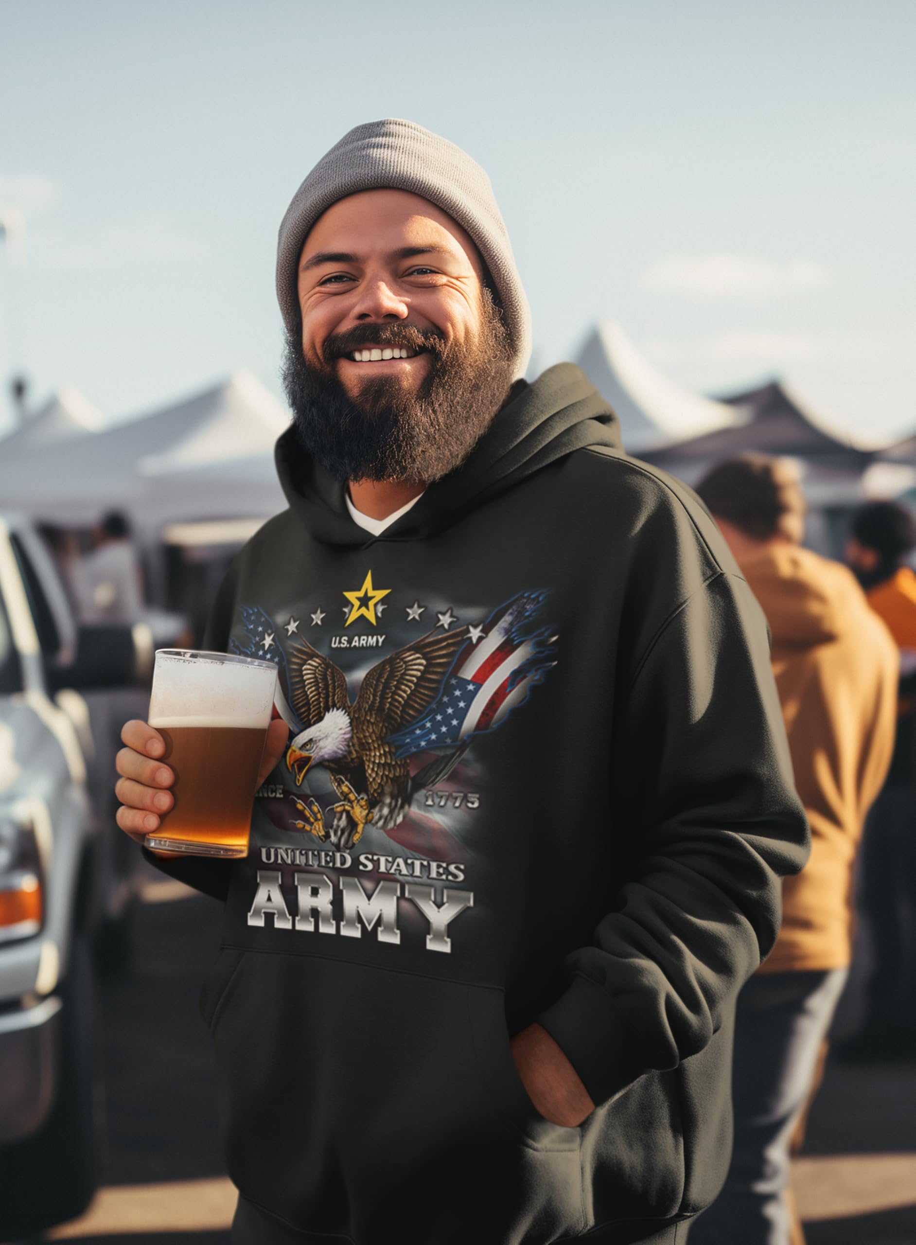 Lucky Ride US ARMY HOODIE Since 1775 Eagle with American Flag Wings Sweatshirt, Black, XL
