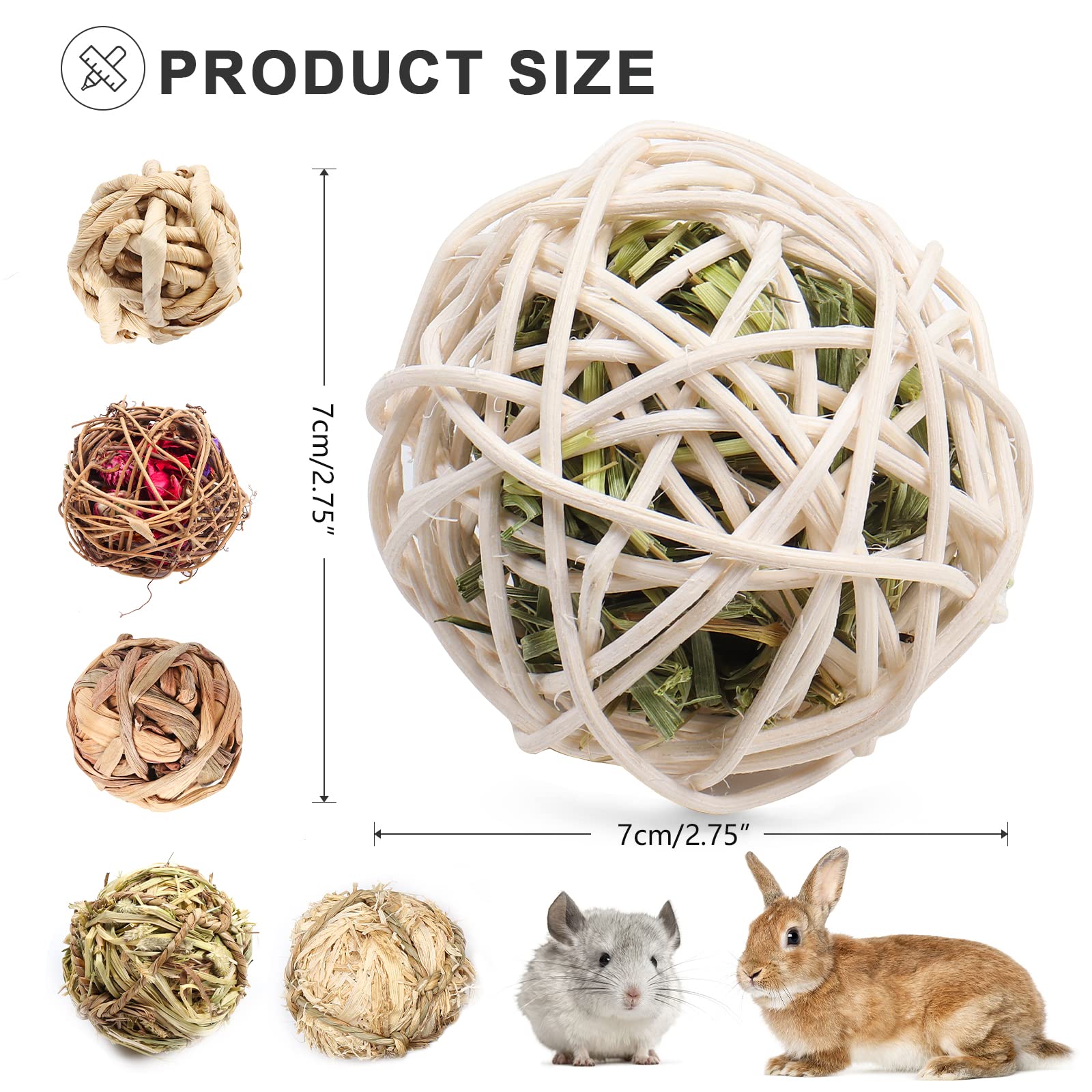 DAMPET Small Animals Play Balls, Chew Grass Balls & Rolling Chew Toys for Bunny, Improve Pets Dental Health for Rabbit, Chinchilla, Guinea Pigs, Hamsters, Gerbils, Rats, Mice (6 Pieces)