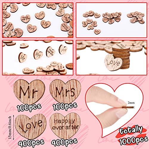 1000 Pieces Rustic Wedding Wood Heart Confetti Rustic Valentine Day Table Decorations Rustic Small Mr Mrs Love Wood Decoration Christmas Gift for Rustic Wedding Party Table Decor (Romantic Style)