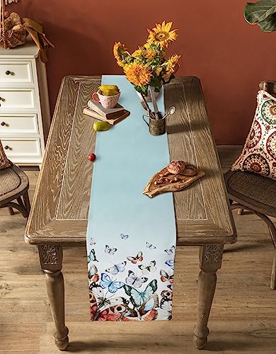 Teal Ombre Table Runner 72 Inches Long Farmhouse Dress Scarves, Red Blue Butterfly Modern Abstract Art Dining Tablerunner for Coffee Table/Kitchen Island/Party Décor, 18" x 72"