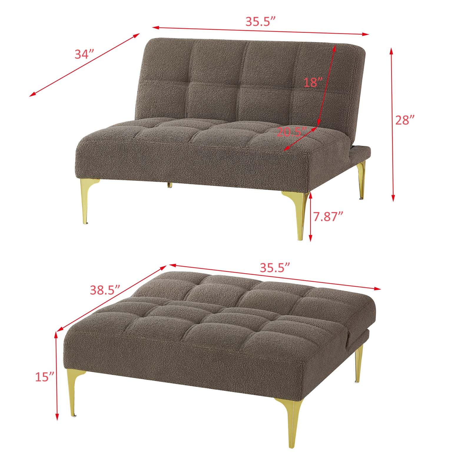 GERDIOEB Convertible Sofa Bed Single Chair Futon with Adjustable Backrest and Gold Metal Legs, Teddy Fabric Armless Chair with Pillow, Futon Sleeper Couch Daybed Single Chair (Taupe)
