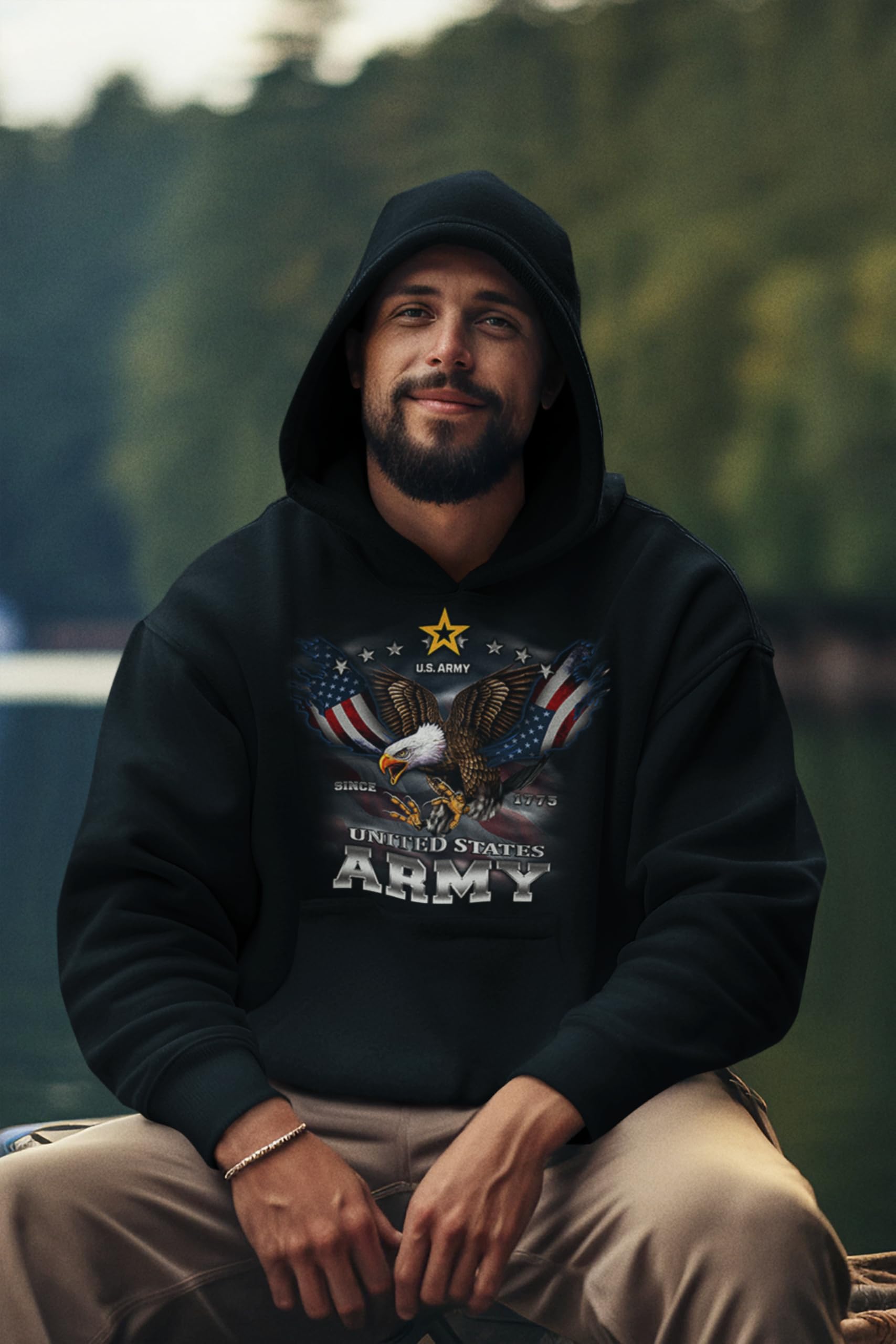 Lucky Ride US ARMY HOODIE Since 1775 Eagle with American Flag Wings Sweatshirt, Black, XL