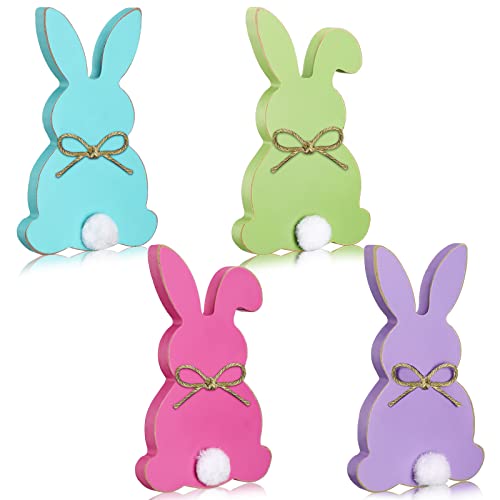 4 Pieces Easter Table Decorations Bunny Wooden Sign Spring Rabbit Wood Tabletop Block Freestanding Easter Tiered Tray Decor with Rope and Fluffy Tail Easter Decorations for Home Table Room Decor