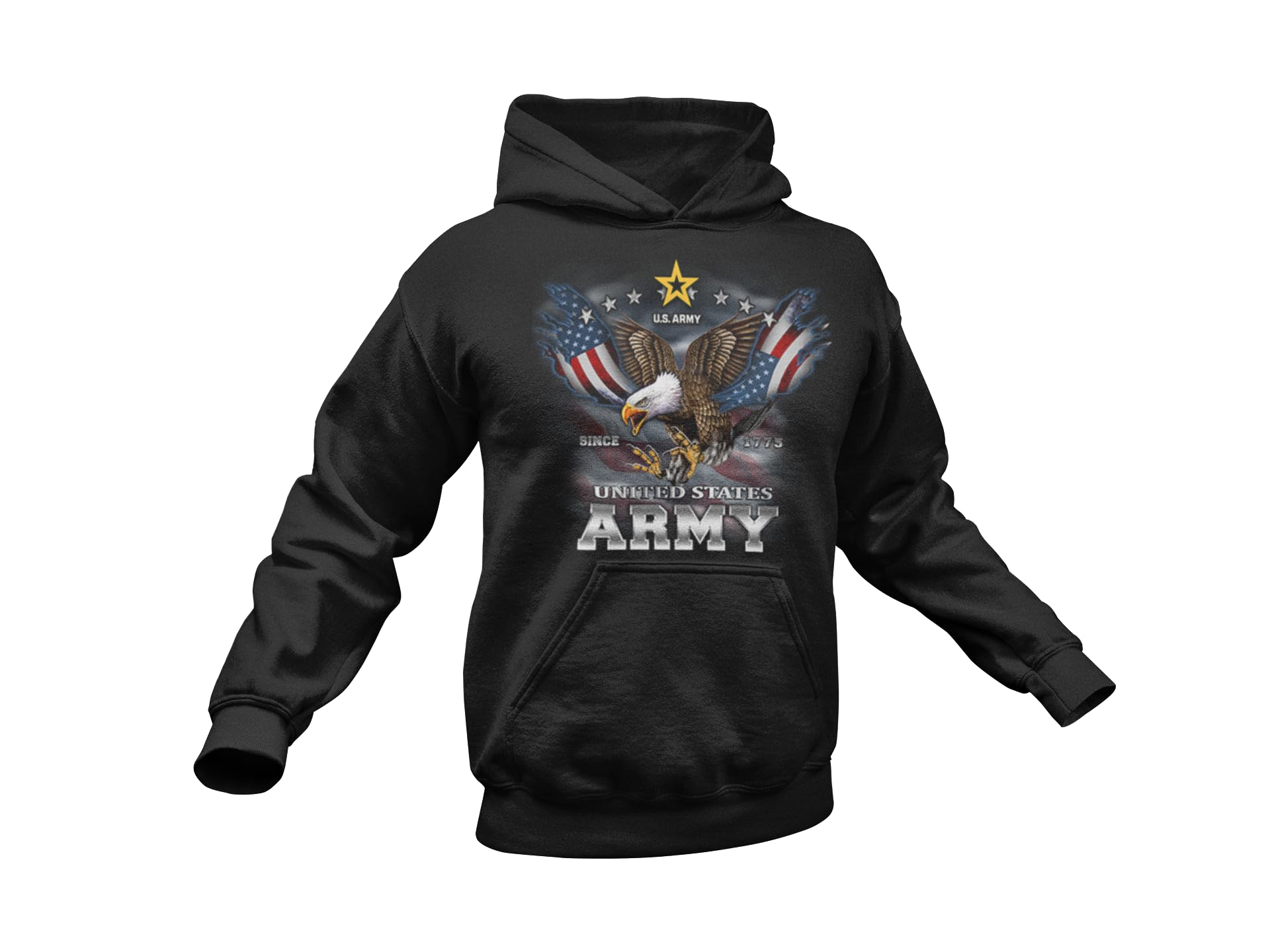 Lucky Ride US ARMY HOODIE Since 1775 Eagle with American Flag Wings Sweatshirt, Black, XL