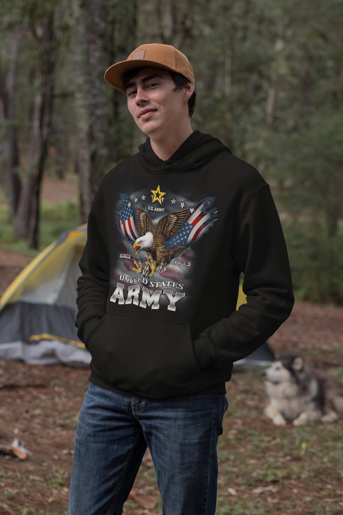 Lucky Ride US ARMY HOODIE Since 1775 Eagle with American Flag Wings Sweatshirt, Black, XL