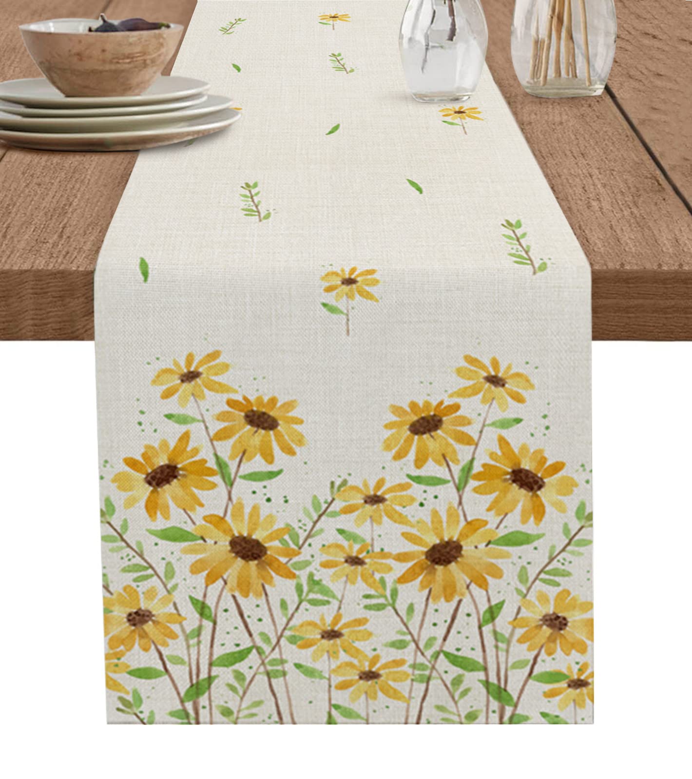 Spring Floral Table Runner 72 Inches Long Farmhouse Dress Scarves, Yellow Daisy Summer Botanical Rustic Linen Texture Dining Tablerunner for Coffee Table/Party/Kitchen Island Décor, 13" x 72"