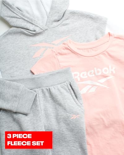 Reebok Baby Girls' Pants Set - 3 Piece Fleece Lined Sweatshirt, Graphic Tee and Jogger Pants for Infant and Toddler (12M-6X), Size 3T, Light Grey Heather