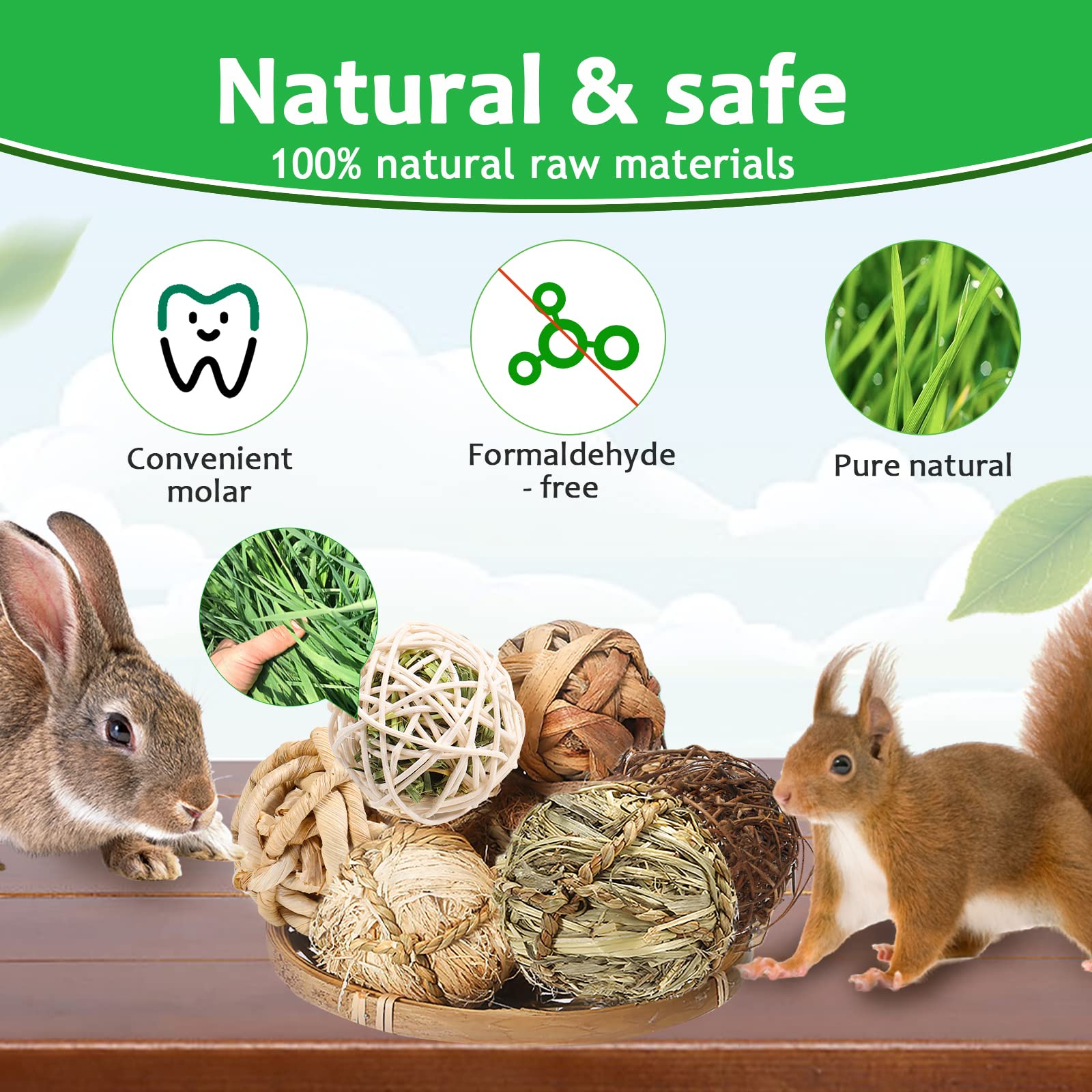 DAMPET Small Animals Play Balls, Chew Grass Balls & Rolling Chew Toys for Bunny, Improve Pets Dental Health for Rabbit, Chinchilla, Guinea Pigs, Hamsters, Gerbils, Rats, Mice (6 Pieces)