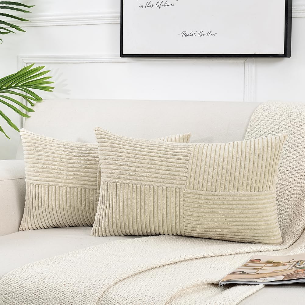 Fancy Homi Tan Lumbar Decorative Throw Pillow Covers 12x20 Inch for Living Room Couch Bed Sofa, Boho Home Decor, Soft Striped Corduroy Rectangle Accent Beige Cushion Case 30x50 cm
