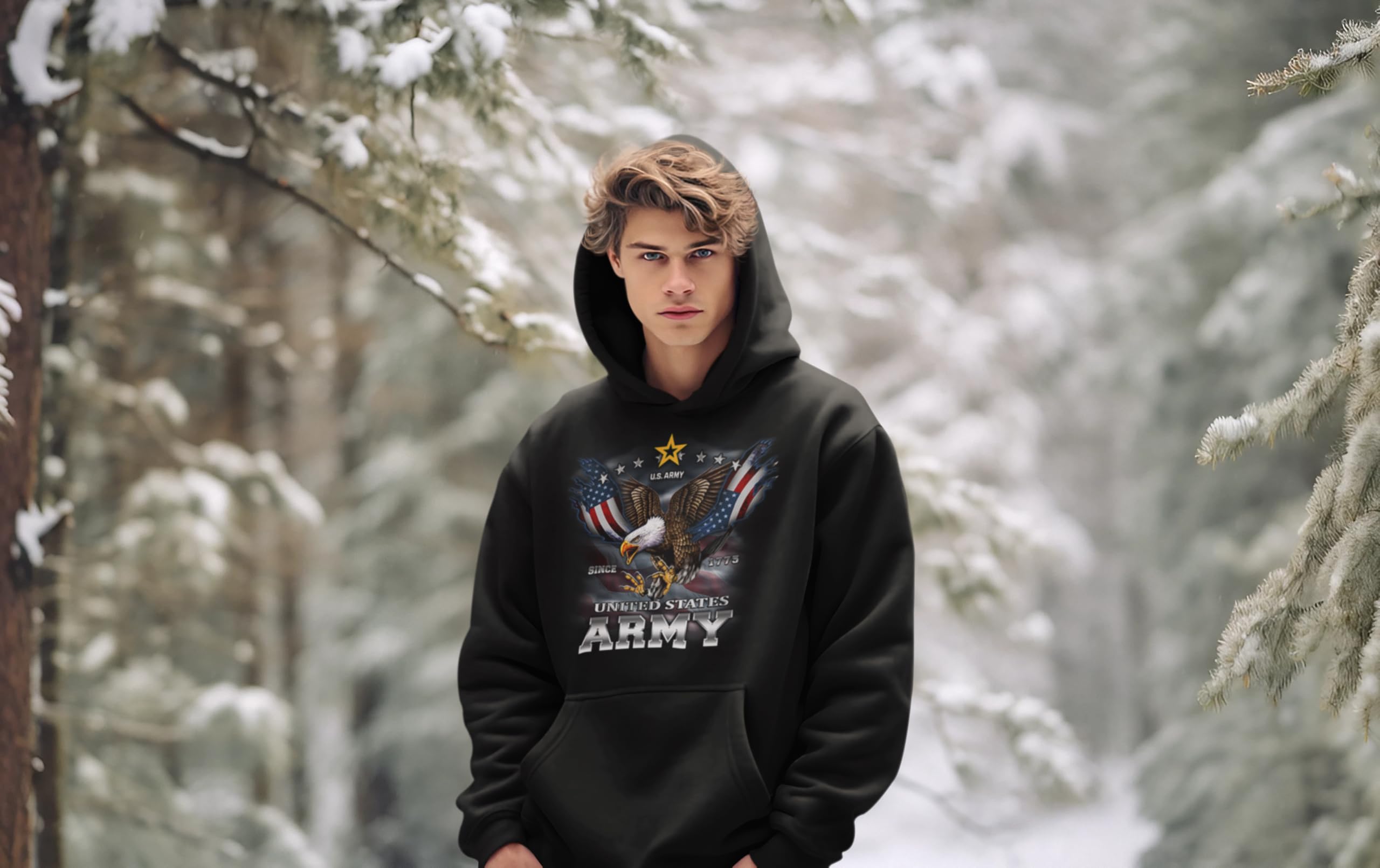 Lucky Ride US ARMY HOODIE Since 1775 Eagle with American Flag Wings Sweatshirt, Black, XL