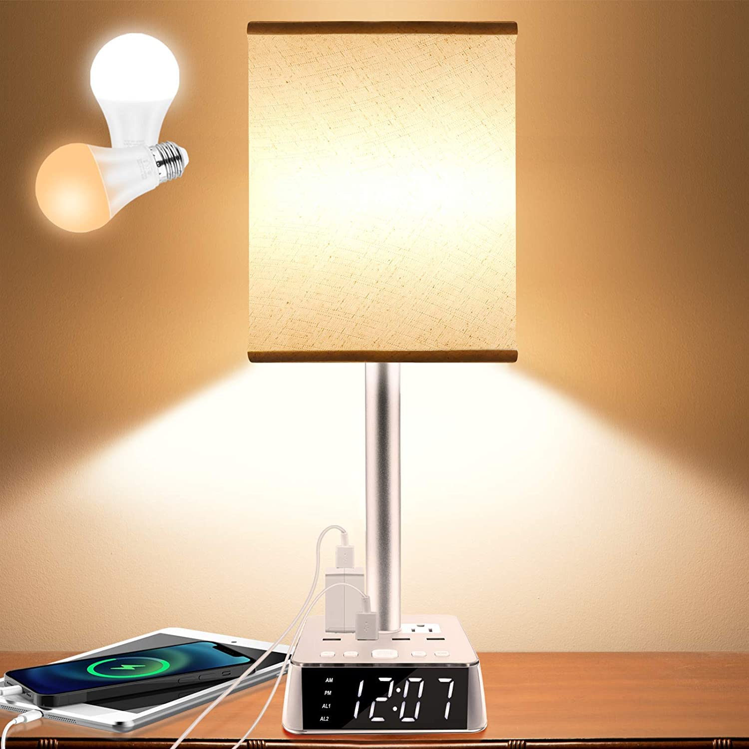 Yostyle Table Lamp Bedside Lamp with 4 USB Ports and AC Power Outlets, Alarm Clock Base w/ 5Ft Extension Cord, Square Oatmeal Fabric Lampshade Modern Accent Nightstand Lamps for Bedrooms Living Room