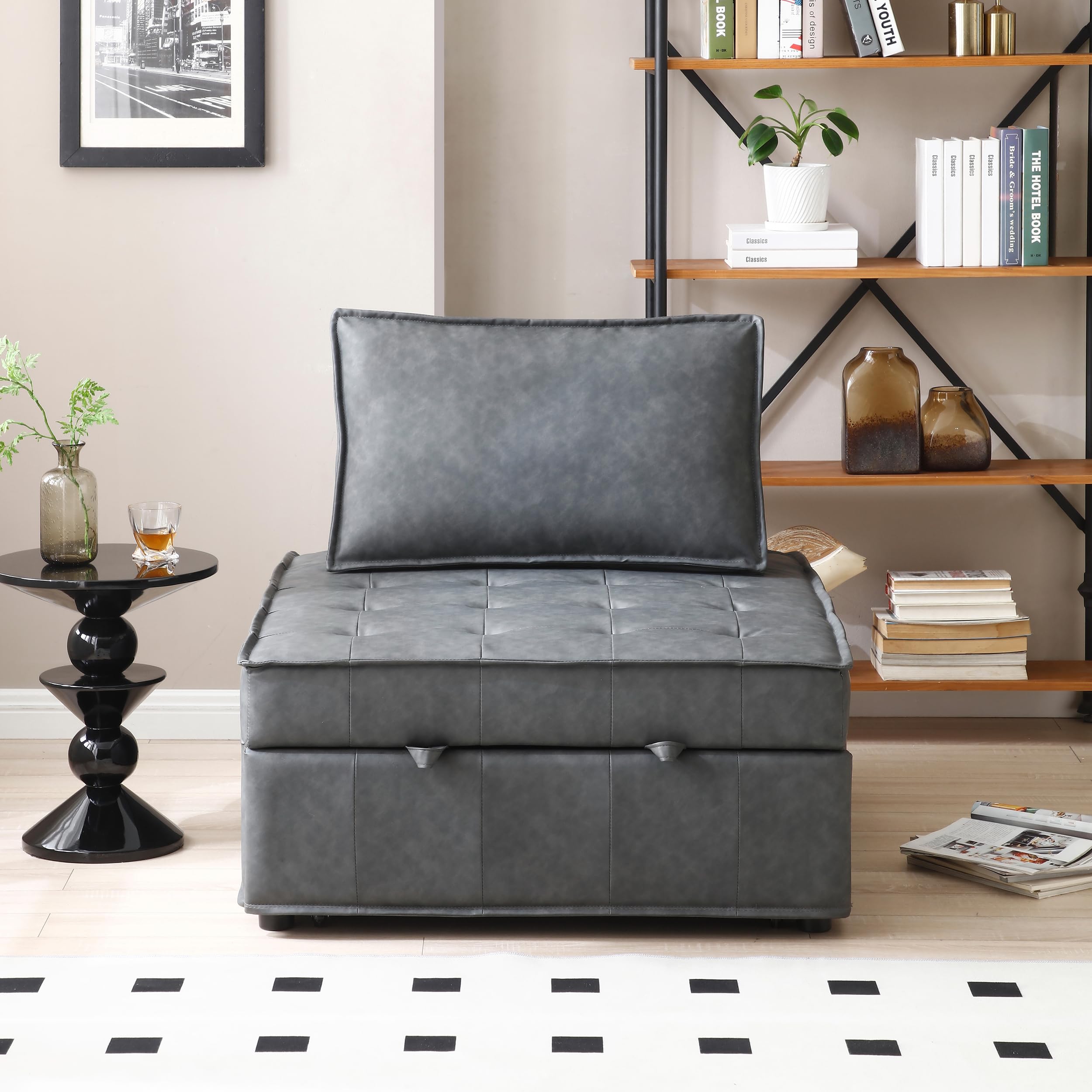 YuiHome Lazy 3 in 1 Multipurpose Faux Leather Ottoman, Convertible, Adjustable Single Sleeper Chair Sofa Bed for Living Room Apartment,Dark Grey