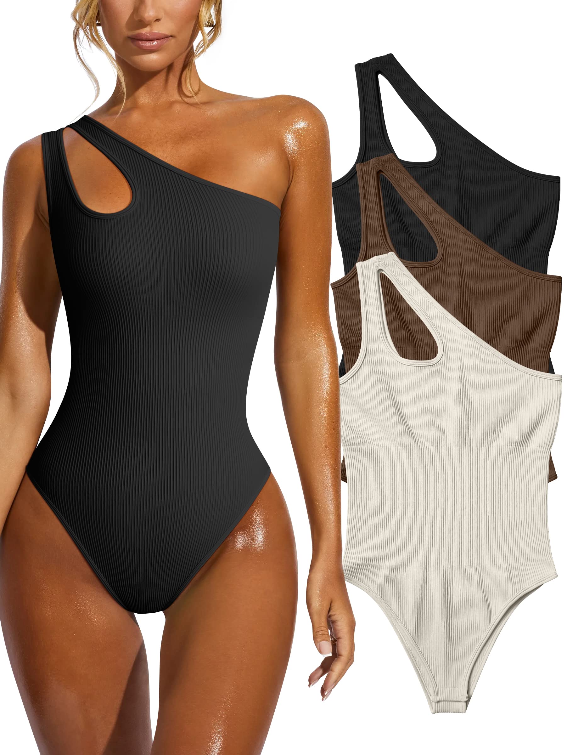 OQQ Women's 3 Piece Sexy Ribbed Sleeveless One Shoulder Tank Top Exercise BodySuit, Black Coffee Beige, Large