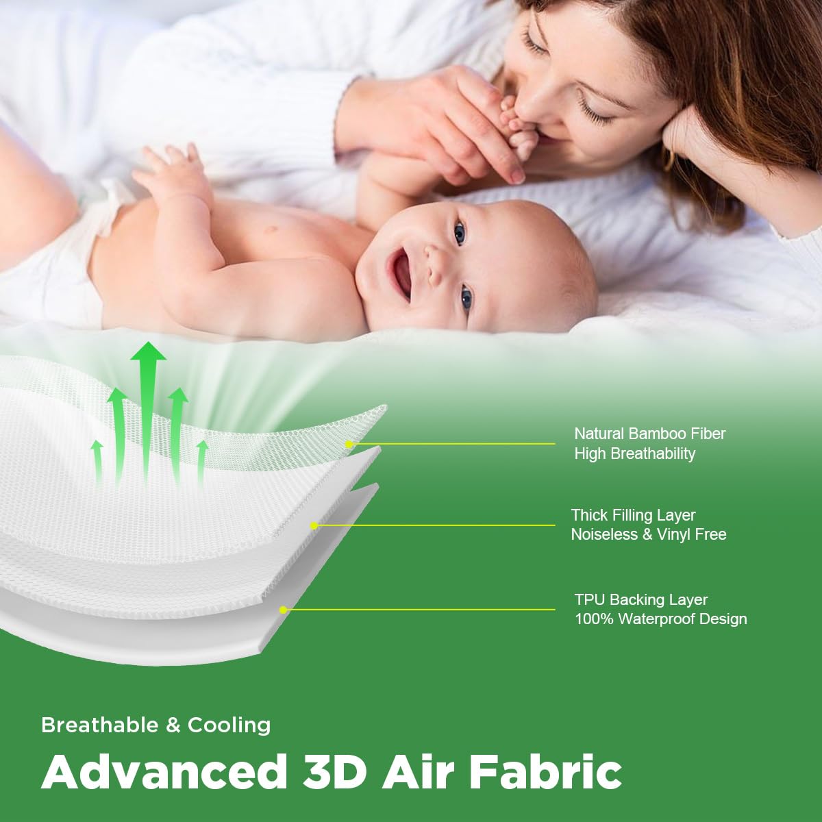 100% Waterproof Mattress Protector Queen, Bamboo Mattress Pad Cover Ultra Soft 3D Air Fabric Cooling Breathable Noiseless Deep Pocket(8-18 INCH)