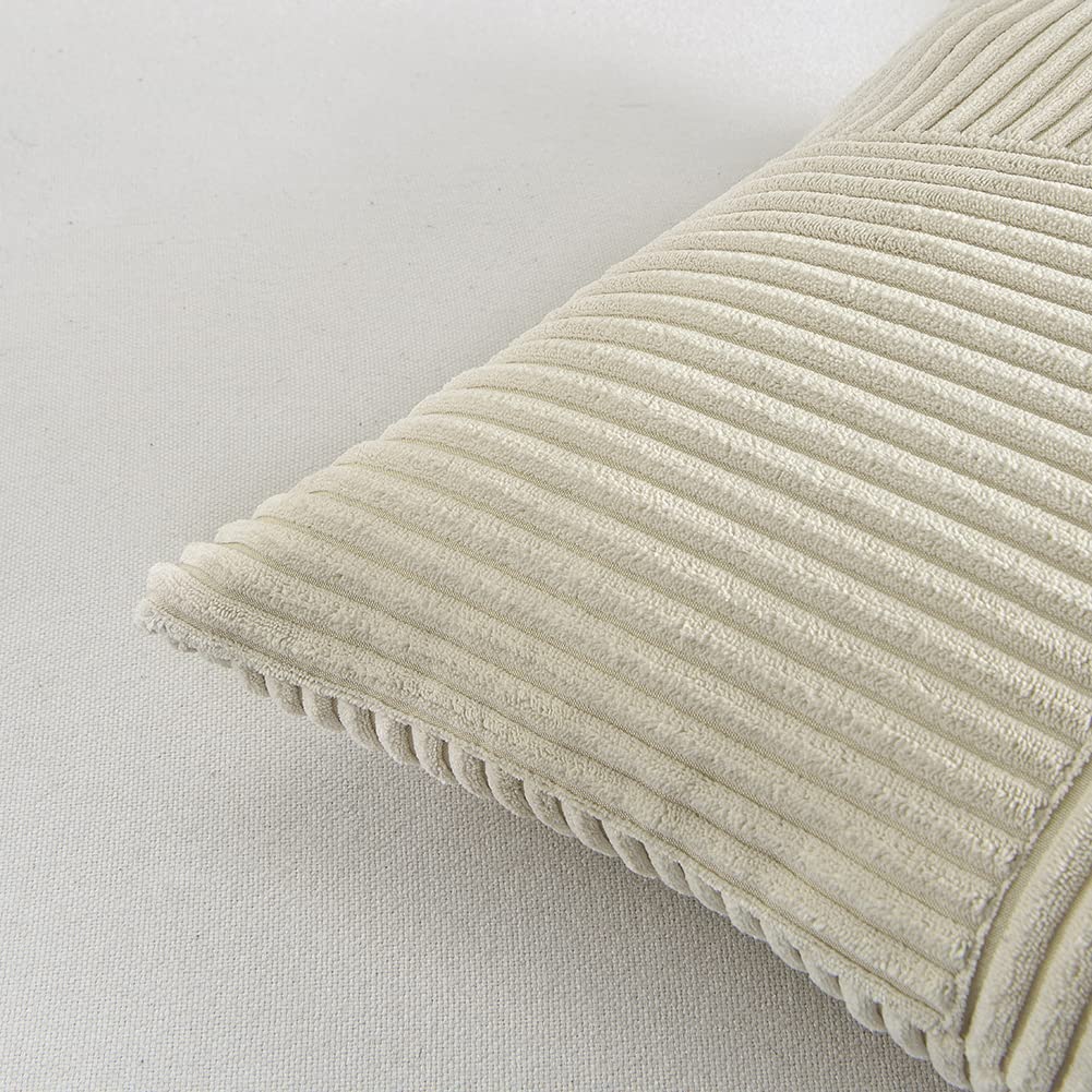 Fancy Homi Tan Lumbar Decorative Throw Pillow Covers 12x20 Inch for Living Room Couch Bed Sofa, Boho Home Decor, Soft Striped Corduroy Rectangle Accent Beige Cushion Case 30x50 cm