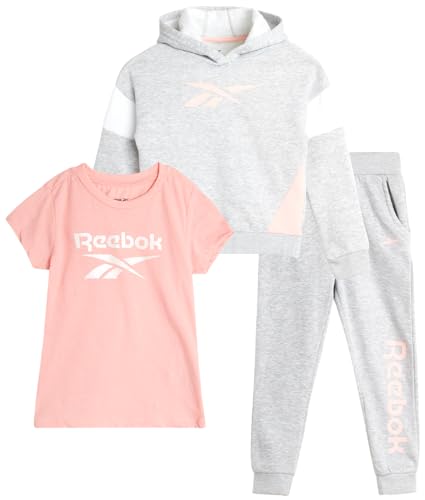 Reebok Baby Girls' Pants Set - 3 Piece Fleece Lined Sweatshirt, Graphic Tee and Jogger Pants for Infant and Toddler (12M-6X), Size 3T, Light Grey Heather