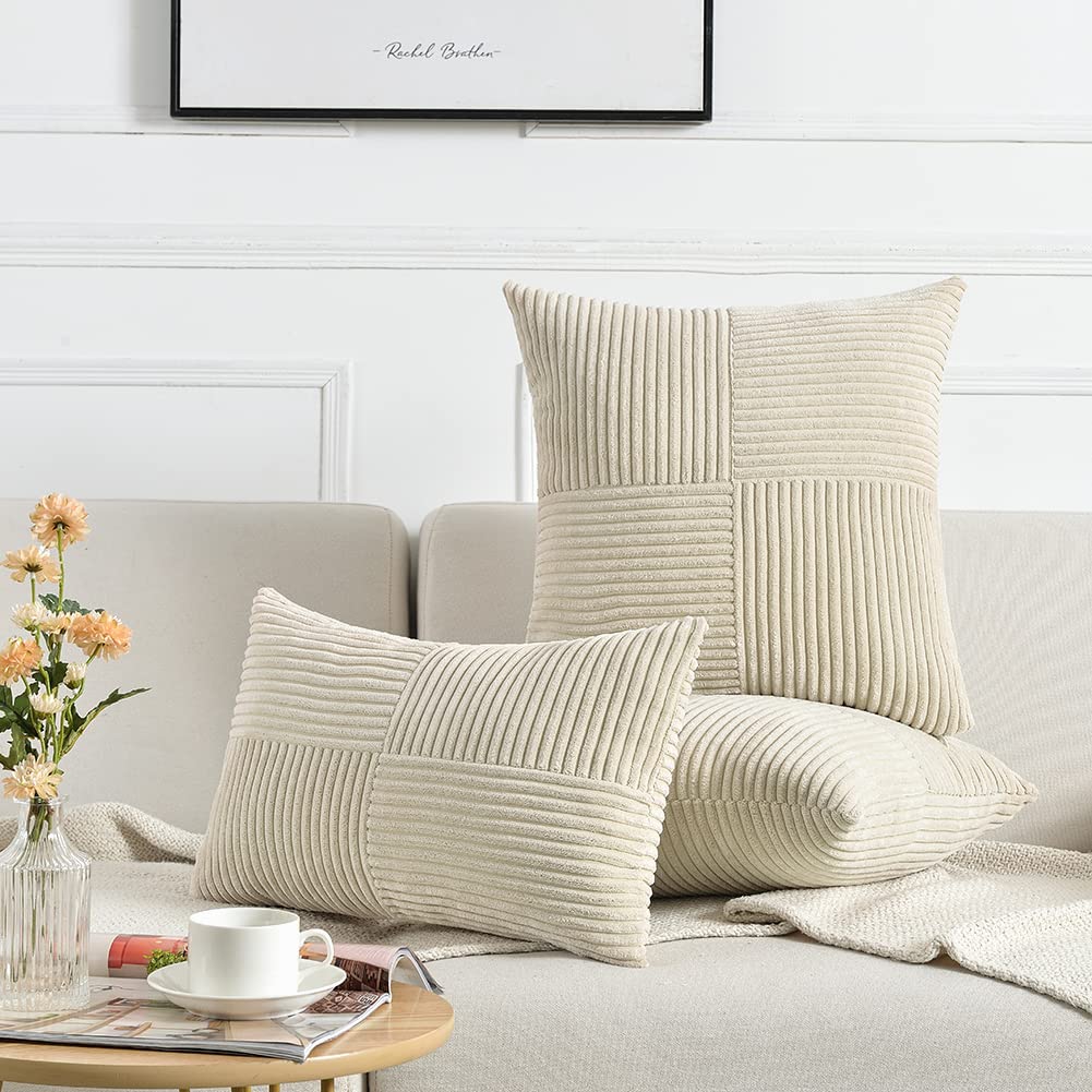 Fancy Homi Tan Lumbar Decorative Throw Pillow Covers 12x20 Inch for Living Room Couch Bed Sofa, Boho Home Decor, Soft Striped Corduroy Rectangle Accent Beige Cushion Case 30x50 cm