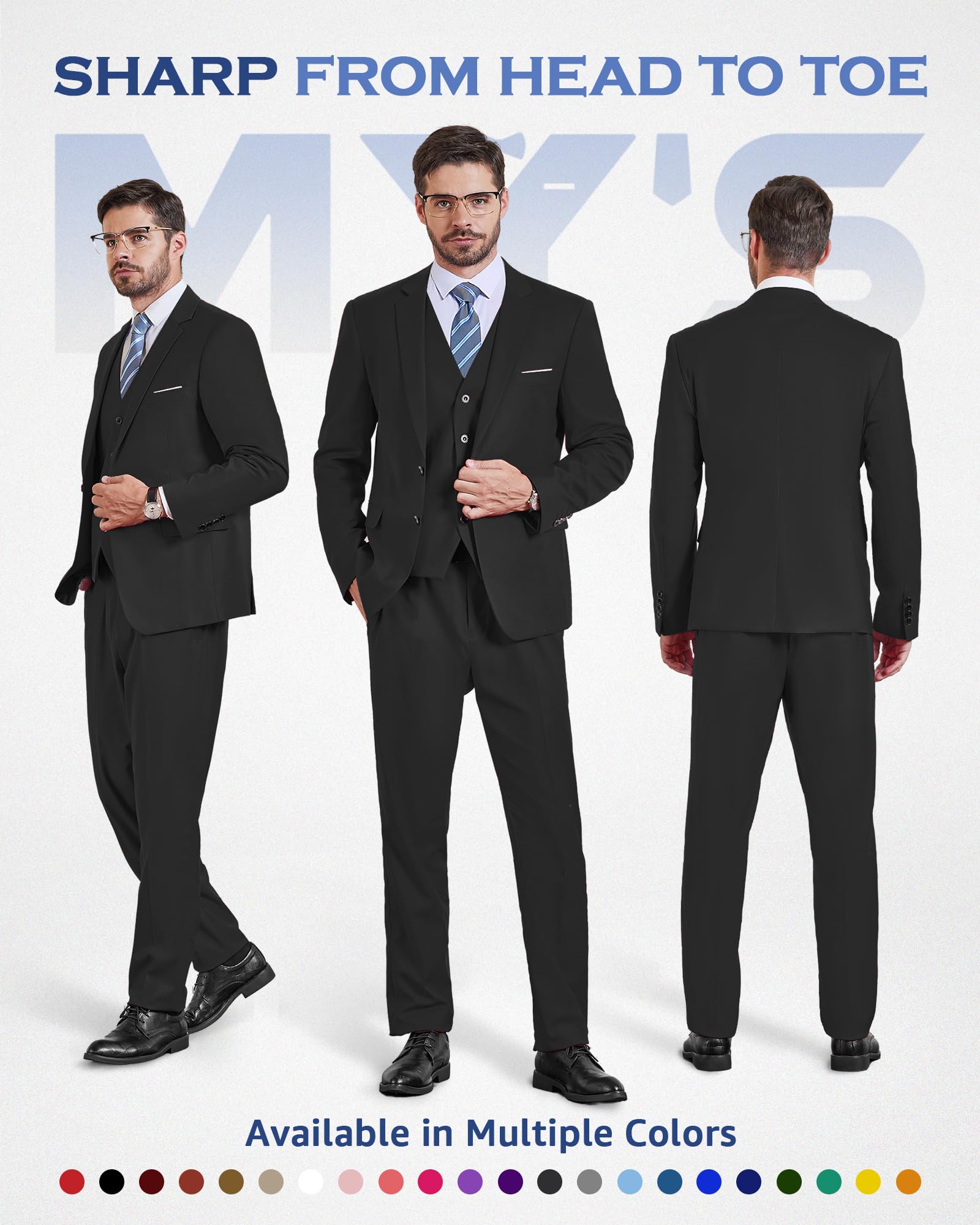 MY'S Men's 3 Piece Slim Fit Suit Set, Two Button Blazer Jacket Vest Pants with Tie, Solid Wedding Dress Tux and Trousers Black Small