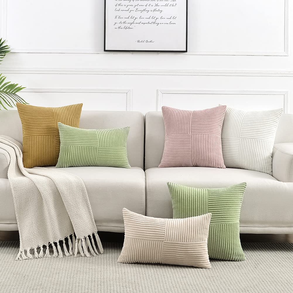 Fancy Homi Tan Lumbar Decorative Throw Pillow Covers 12x20 Inch for Living Room Couch Bed Sofa, Boho Home Decor, Soft Striped Corduroy Rectangle Accent Beige Cushion Case 30x50 cm