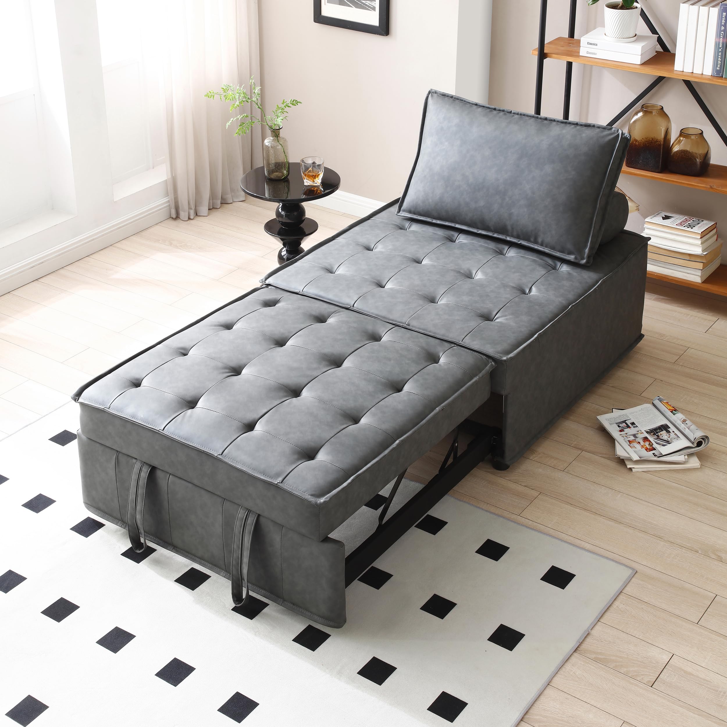 YuiHome Lazy 3 in 1 Multipurpose Faux Leather Ottoman, Convertible, Adjustable Single Sleeper Chair Sofa Bed for Living Room Apartment,Dark Grey