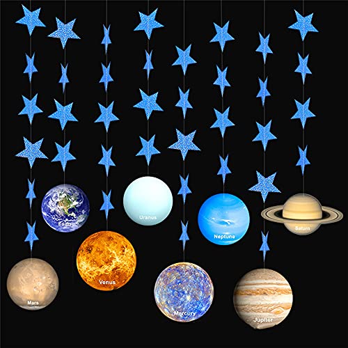 Galaxy Solar System Hanging Paper Decoration (8 Strings X 4.3ft), Outer Space Paper Garland Flower Party Streamers, Plant with Blue Star Hanging for Kids Bedroom Decor,Birthday PartySupplies