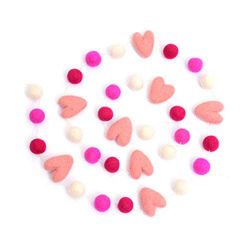 Glaciart One Pom Pom Garland - Wool Felt Ball Garland - 9 Feet, 25 Balls, 8 Hearts, 4 Valentines Colors, Pom Pom Decorations, Nursery Decor, Bunting, Birthday Party Decorations, Carnival, Photo Prop