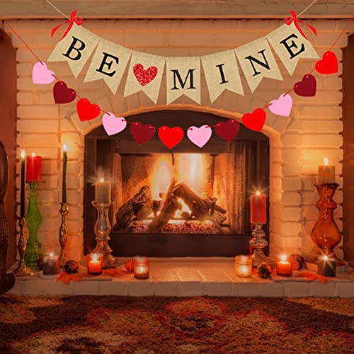 Valentines Day Decorations, Burlap Be Mine Banner Valentine's Day Banner with Heart Signs for Home Wedding Engagement Decorations