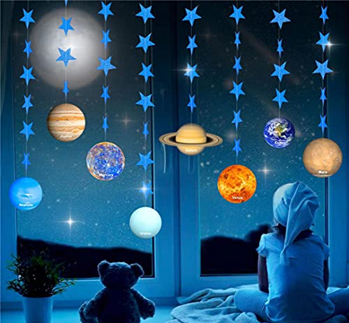 Galaxy Solar System Hanging Paper Decoration (8 Strings X 4.3ft), Outer Space Paper Garland Flower Party Streamers, Plant with Blue Star Hanging for Kids Bedroom Decor,Birthday PartySupplies