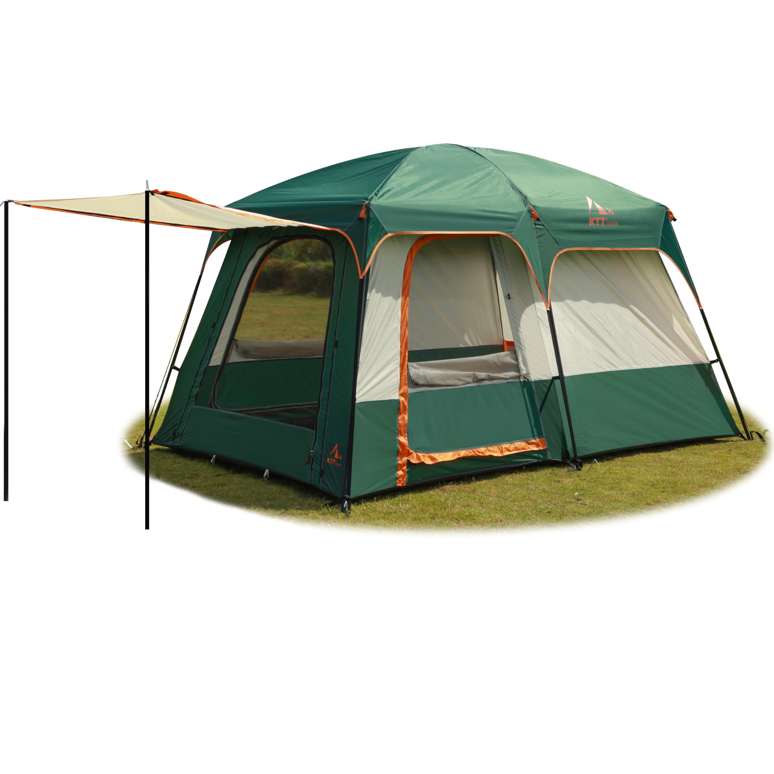 KTT Large Tent 6 Person,Family Cabin Tents,Straight Wall,3 Doors and 3 Windows with Mesh,Waterproof,Big Tent for Outdoor,Picnic,Camping,Family,Friends Gathering(Green)