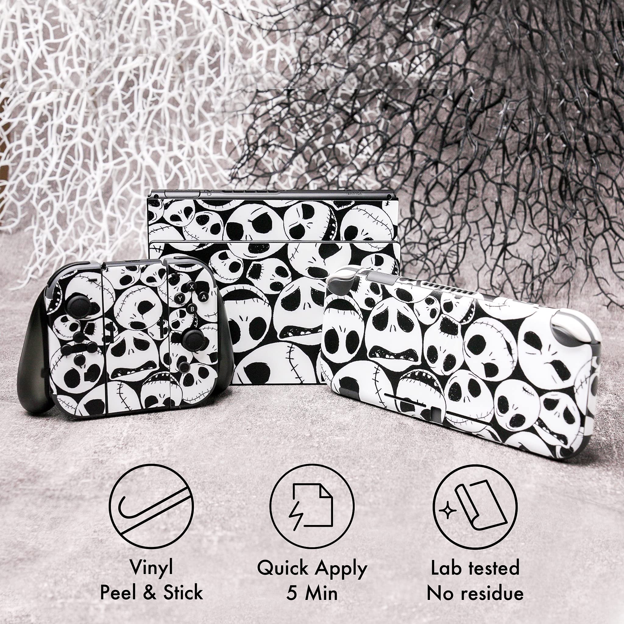 BelugaDesign Skulls Switch Skin | Gothic Sticker Wrap Vinyl Decal | Nightmare Halloween Horror | Compatible with Nintendo Switch (Switch Lite, Black White)