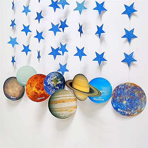Galaxy Solar System Hanging Paper Decoration (8 Strings X 4.3ft), Outer Space Paper Garland Flower Party Streamers, Plant with Blue Star Hanging for Kids Bedroom Decor,Birthday PartySupplies
