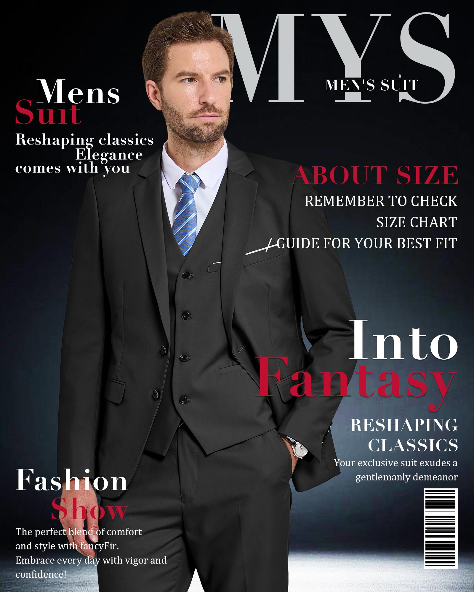 MY'S Men's 3 Piece Slim Fit Suit Set, Two Button Blazer Jacket Vest Pants with Tie, Solid Wedding Dress Tux and Trousers Black Small