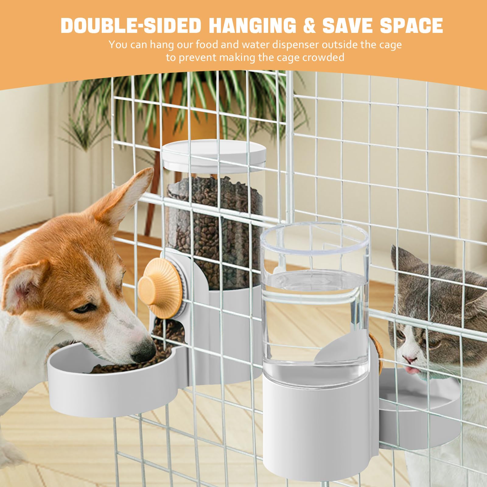 Yummy Sam Hanging Cage Automatic Small Pet Food Bowl Water Bottle Dispenser, 1L Auto Gravity Pet Feeder and Waterer Set Kennel Feeding Station Crate Feeder Dish for Puppy Cats Rabbit Ferret (White)