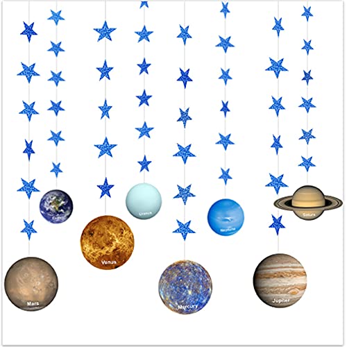 Galaxy Solar System Hanging Paper Decoration (8 Strings X 4.3ft), Outer Space Paper Garland Flower Party Streamers, Plant with Blue Star Hanging for Kids Bedroom Decor,Birthday PartySupplies