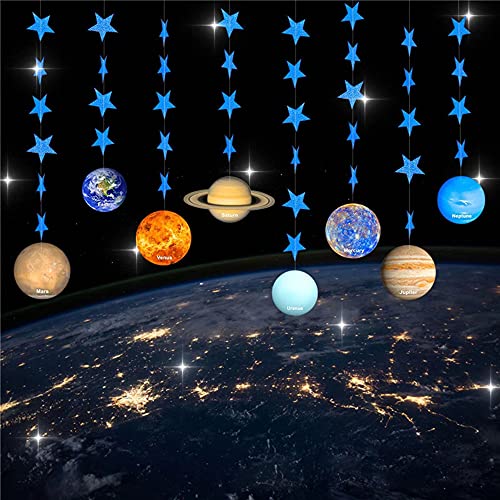 Galaxy Solar System Hanging Paper Decoration (8 Strings X 4.3ft), Outer Space Paper Garland Flower Party Streamers, Plant with Blue Star Hanging for Kids Bedroom Decor,Birthday PartySupplies