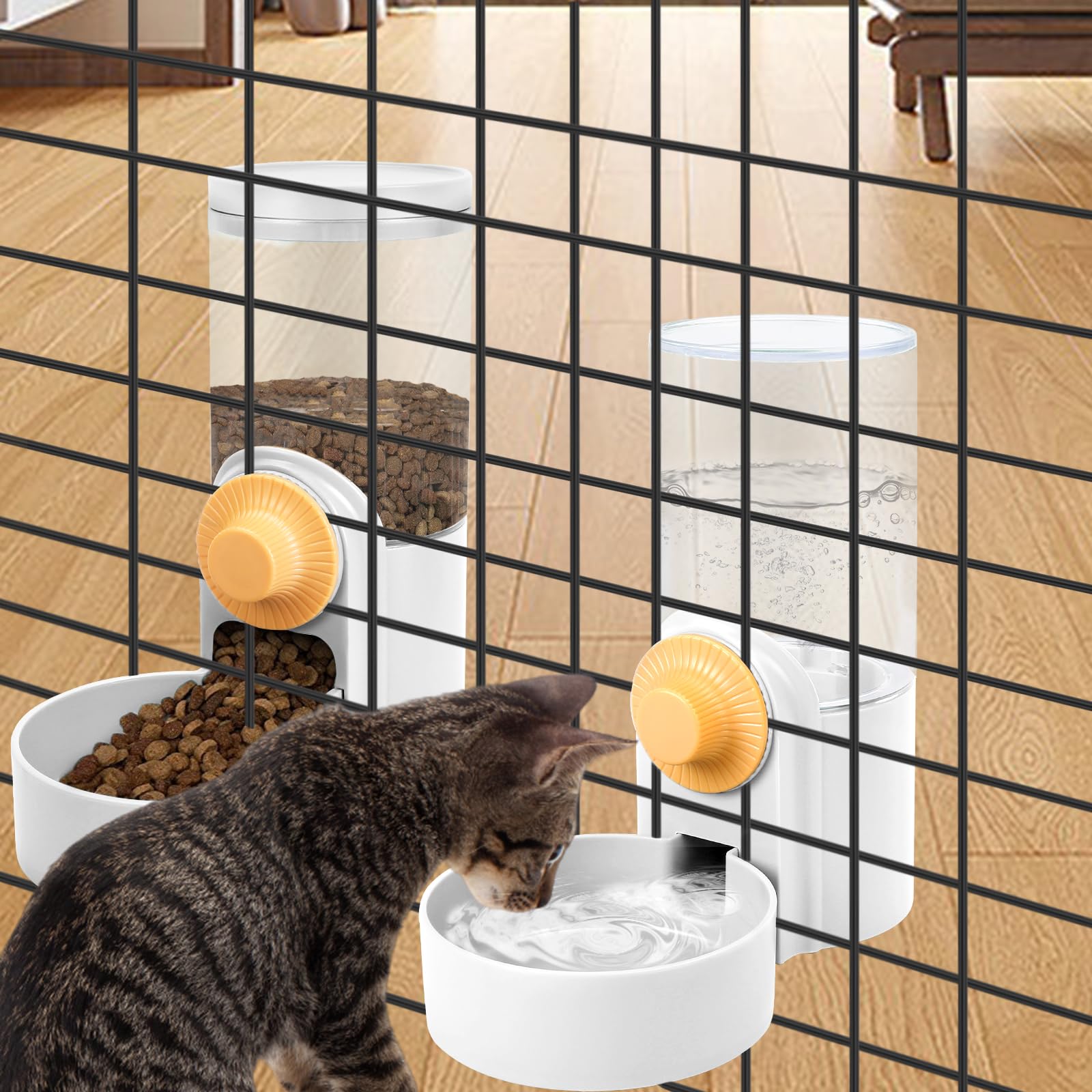 Yummy Sam Hanging Cage Automatic Small Pet Food Bowl Water Bottle Dispenser, 1L Auto Gravity Pet Feeder and Waterer Set Kennel Feeding Station Crate Feeder Dish for Puppy Cats Rabbit Ferret (White)