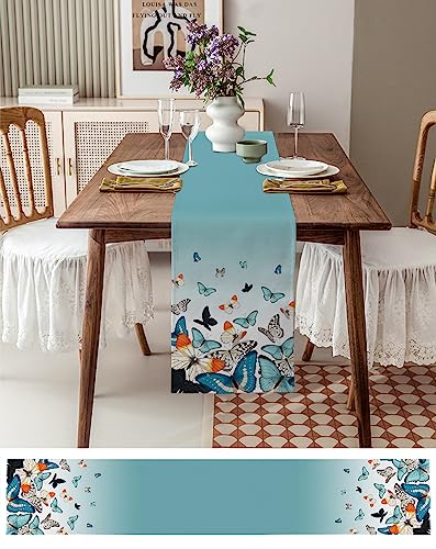 Lsrtoss Teal Ombre Table Runner 72 Inches Long Farmhouse Dress Scarves, Blue Orange Butterfly Modern Abstract Art Dining Tablerunner for Coffee Table/Kitchen Island/Party Décor, 18" x 72"