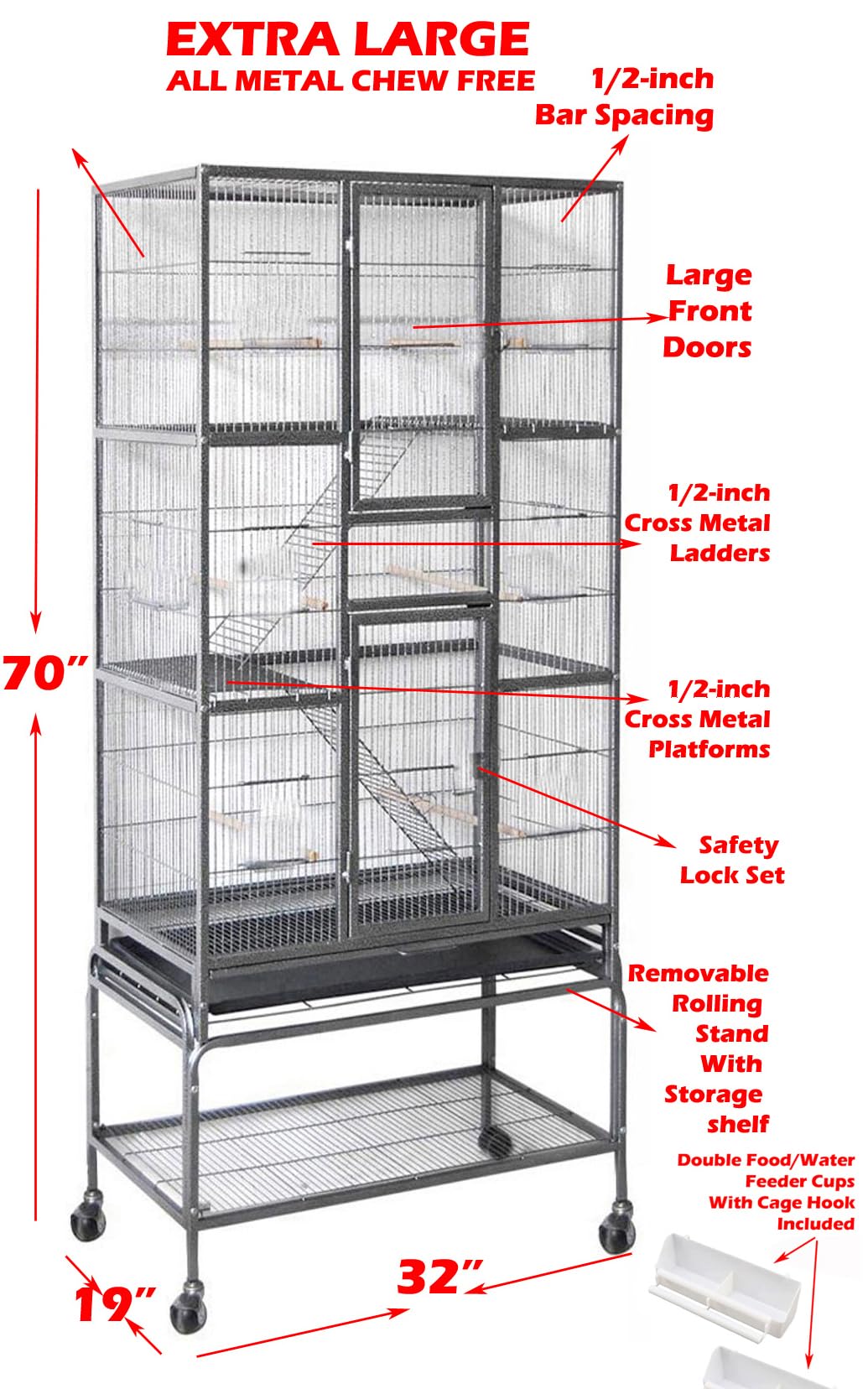 70” X-Large 5-Levels Tight 1/2-Inch Bar Spacing Small Animals Critters Chewproof Cage for Chinchillas Ferrets Rats Hamster Hedgehog Sugar Glider Mouse Squirrel Removable Rolling Stand