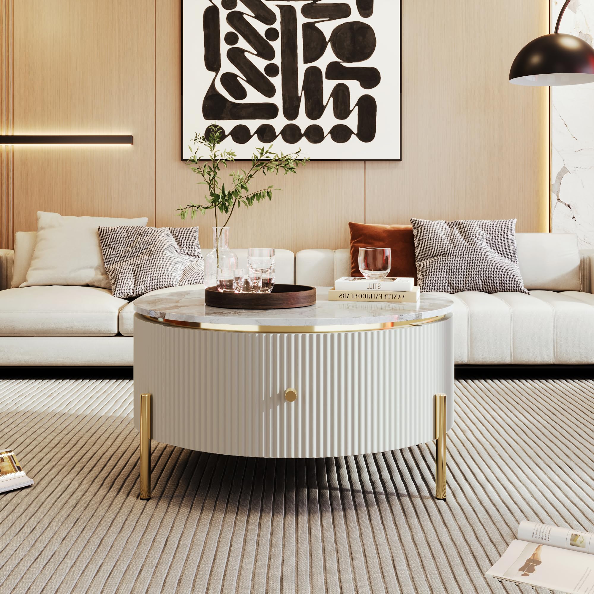 Merax Modern Round Coffee Table Set with 2 Large Drawers Storage Golden Metal Leg Circular Marble Pattern for Living Room Apartment(31.5''), Off White