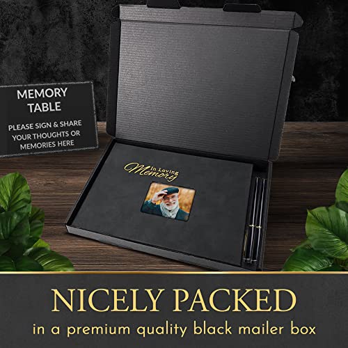 Classic Funeral Guest Book for Memorial Service, Set 4 pcs for Memorial Service, PU Golden Embossed Cover, Table Display Sign, and 2 Black Gold Gel Pen and 42 Sheets (84 Pages).