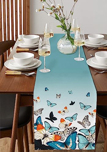 Lsrtoss Teal Ombre Table Runner 72 Inches Long Farmhouse Dress Scarves, Blue Orange Butterfly Modern Abstract Art Dining Tablerunner for Coffee Table/Kitchen Island/Party Décor, 18" x 72"