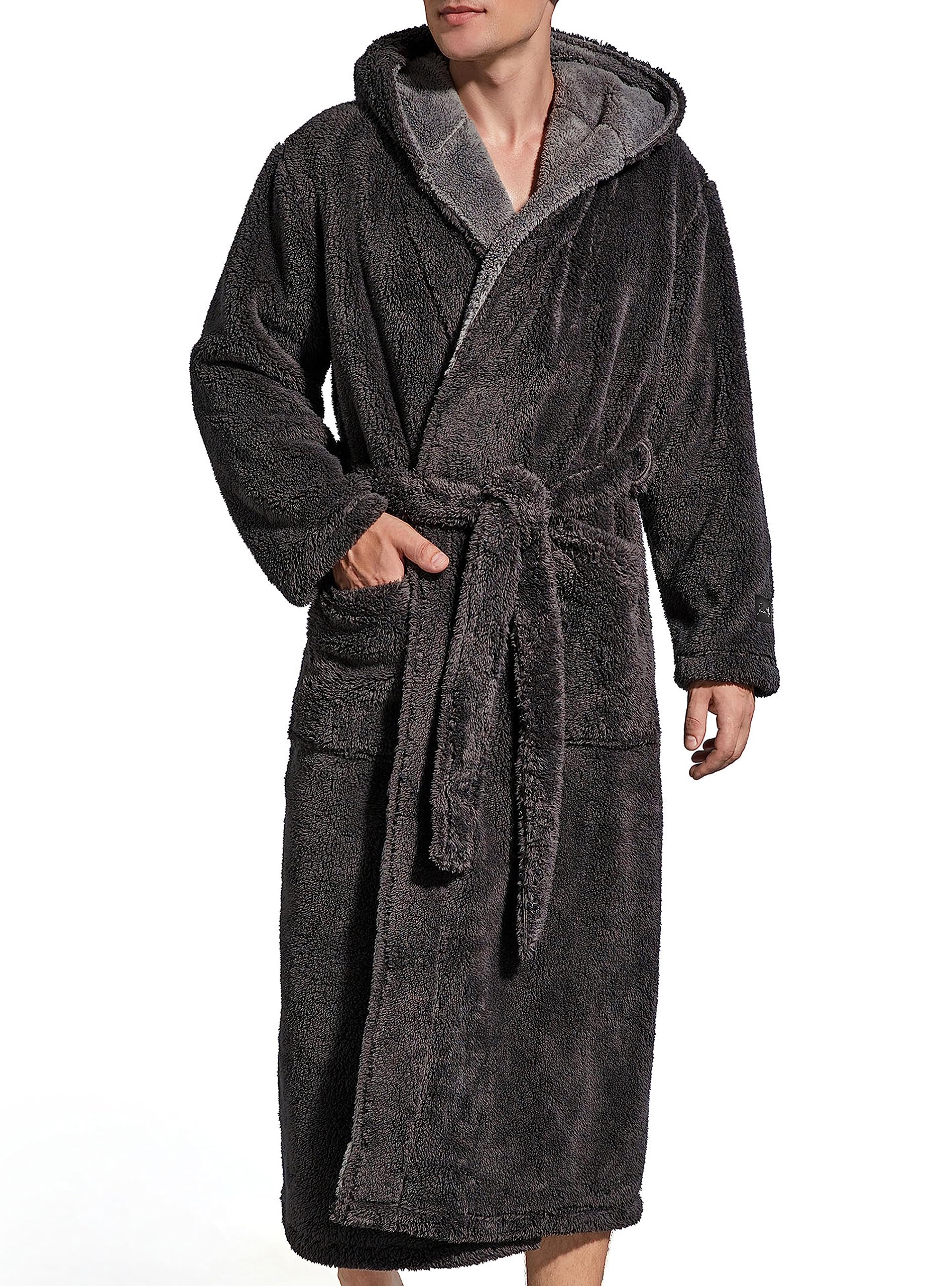 SlumberMee Mens Fleece Plush Robe with Hood Ultra Soft Fluffy Full Length Long with Pockets Luxurious House Coat (Dark Grey, L)