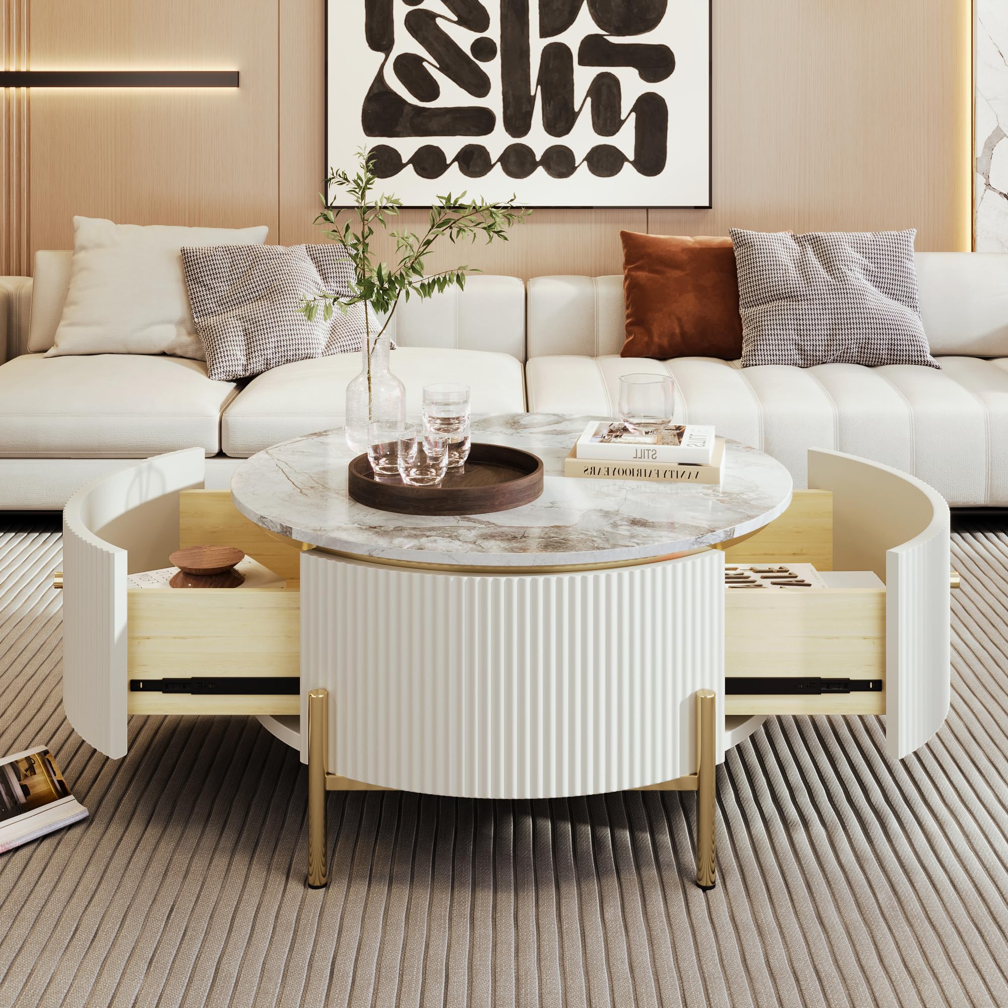 Merax Modern Round Coffee Table Set with 2 Large Drawers Storage Golden Metal Leg Circular Marble Pattern for Living Room Apartment(31.5''), Off White